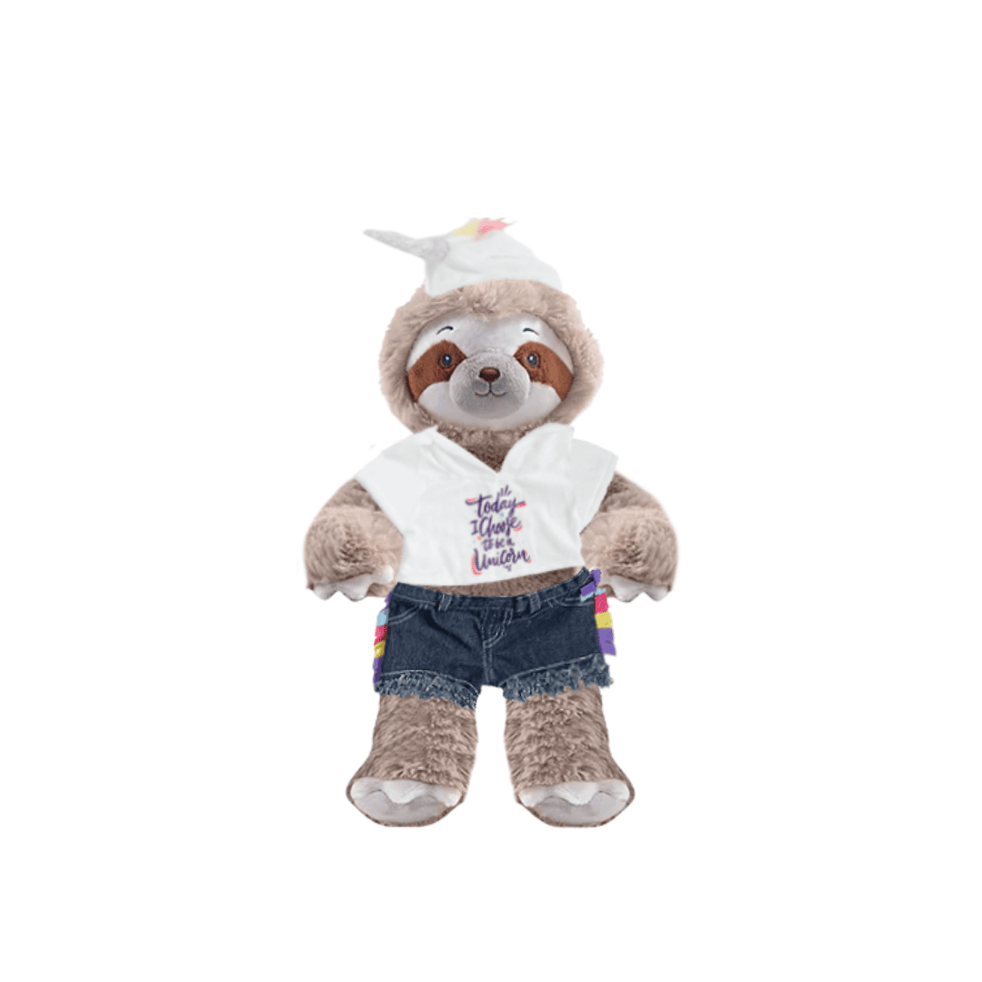 Sloth Plushie with Unicorn Hoodie and Jean Shorts - DubiDo Factory